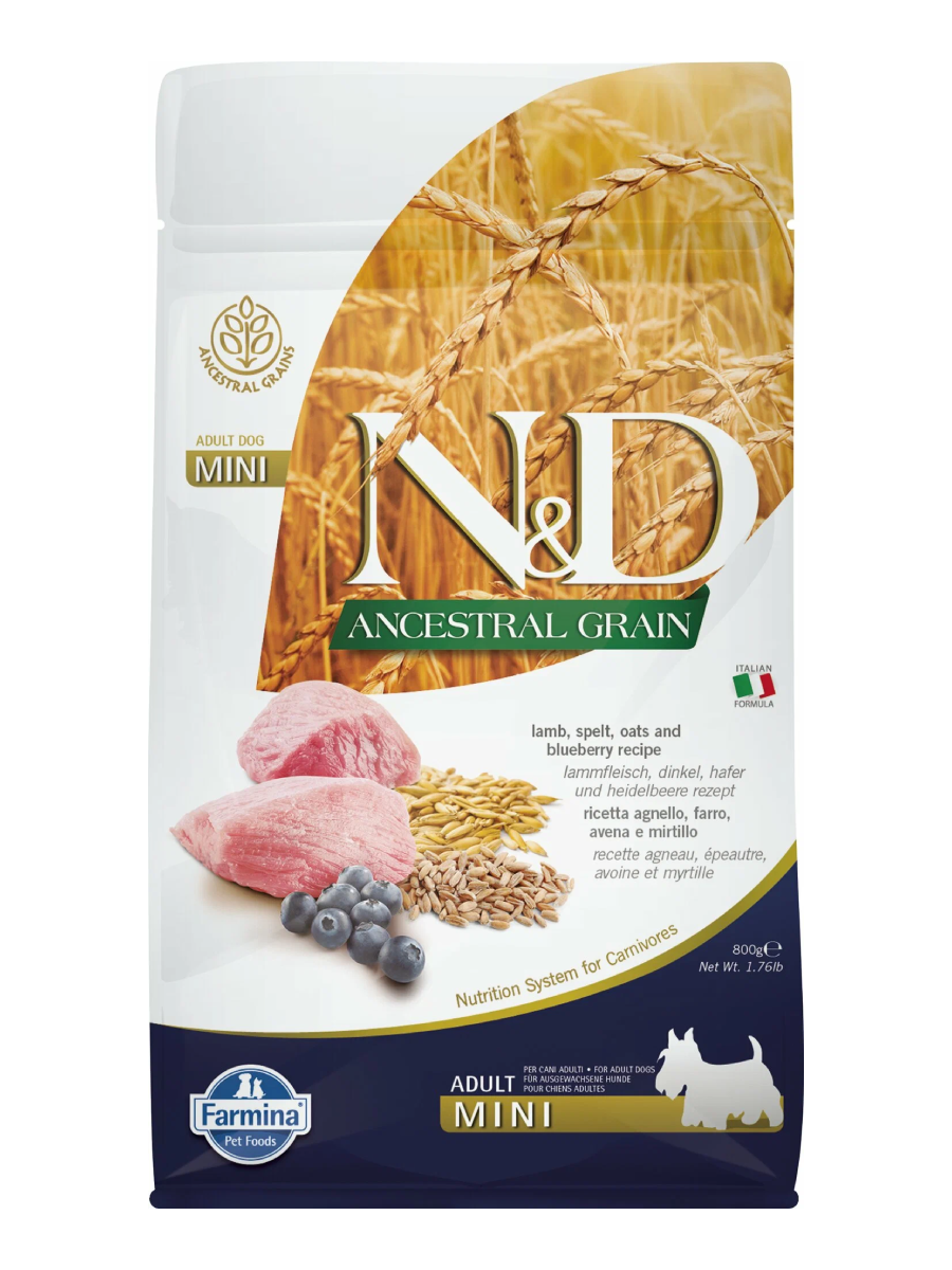 Сухой корм farmina N&D Ancestral Grain (Фармина) для собак мелких пород ягненок и черникой, 0,8 кг