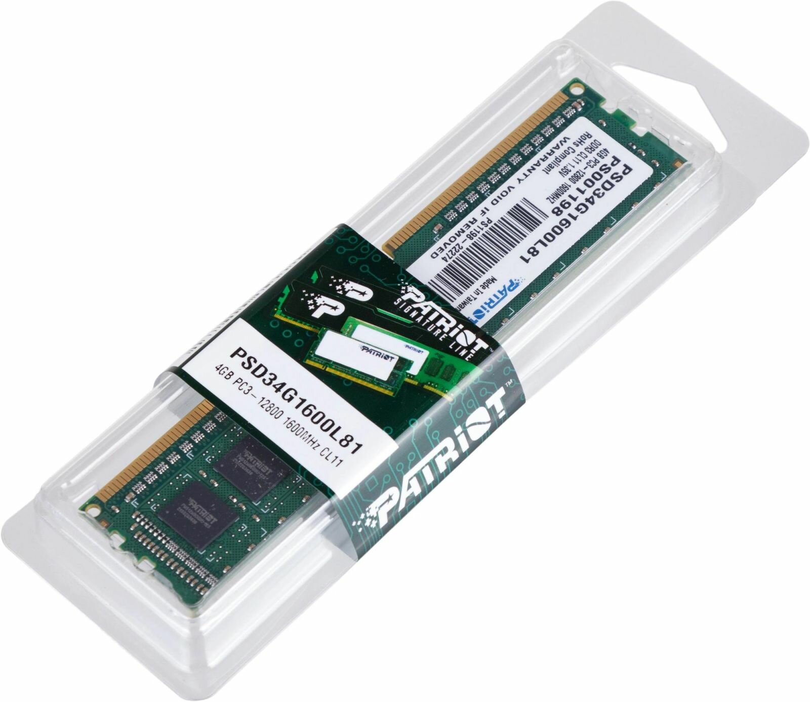 Оперативная память PATRIOT DDR3L, 4 Гб, 1600 МГц, PC3-12800, CL11, DIMM, 240-контактная, 1,35 В, single rank (PSD34G1600L81)