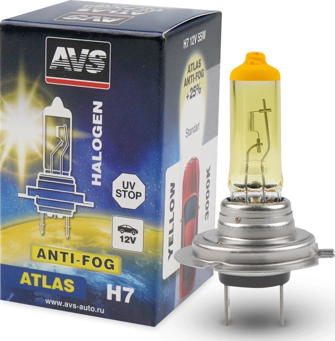 Галогенная лампа AVS /ATLAS ANTI-FOG/BOX желтый H7,12V.55W. ко