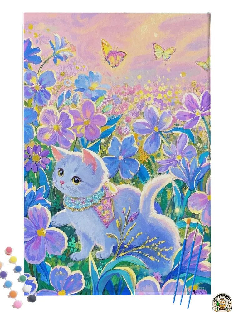 Картина по номерам 40x50cm, кошка в цветах, акриловые краски, для детей от 8 лет