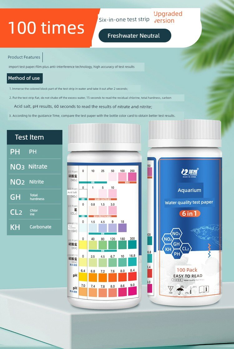6 в 1 тест-полоски для воды аквариума: измерение нитрита, жесткости GH, pH, хлора и NO3 - 100 полосок в бутылке