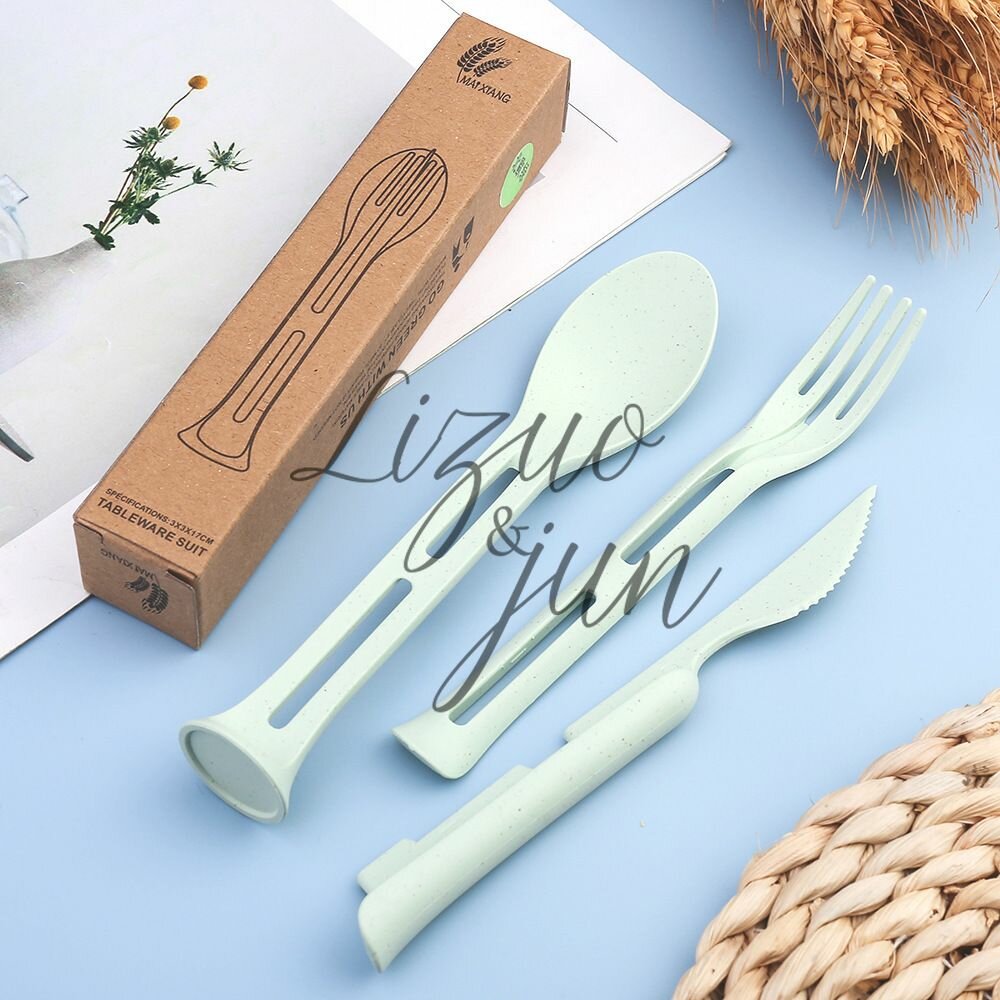 Детский набор посуды из пшеничной соломы, ложка вилка нож 3 в 1, дорожный комплект столовых приборов