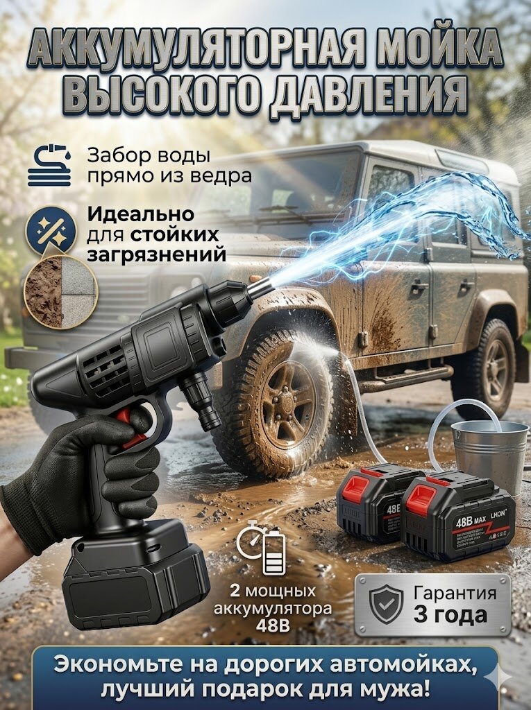 Мойка высокого давления HIOMEE, 1000Вт, портативная, аккумуляторная, с фильтром, в кейсе