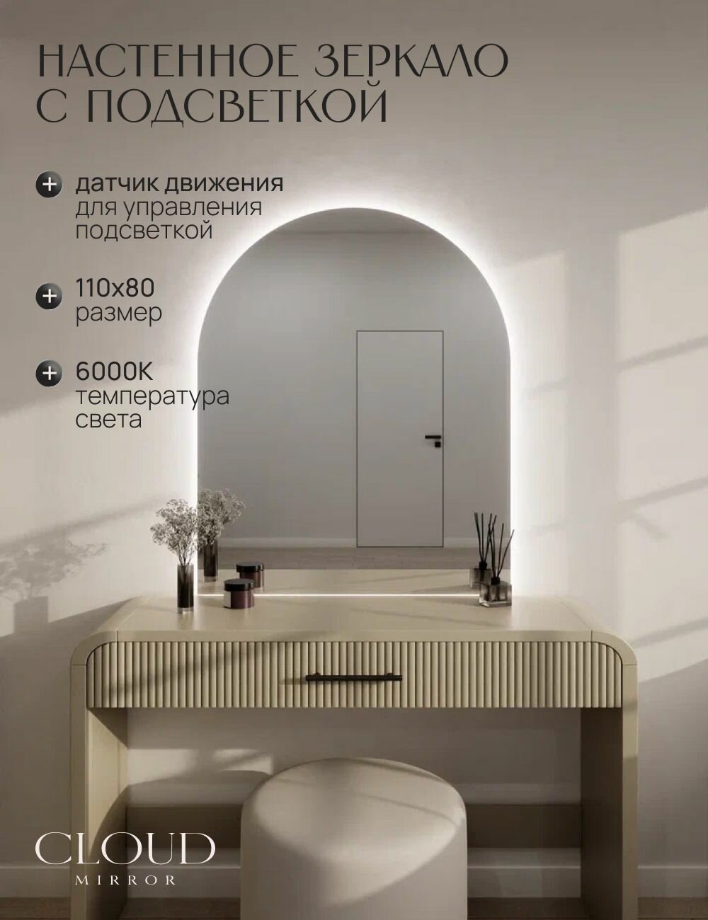 Зеркало 110х80 см. CLOUD MIRROR М5 настенное фигурное с подсветкой холодный свет 6000К