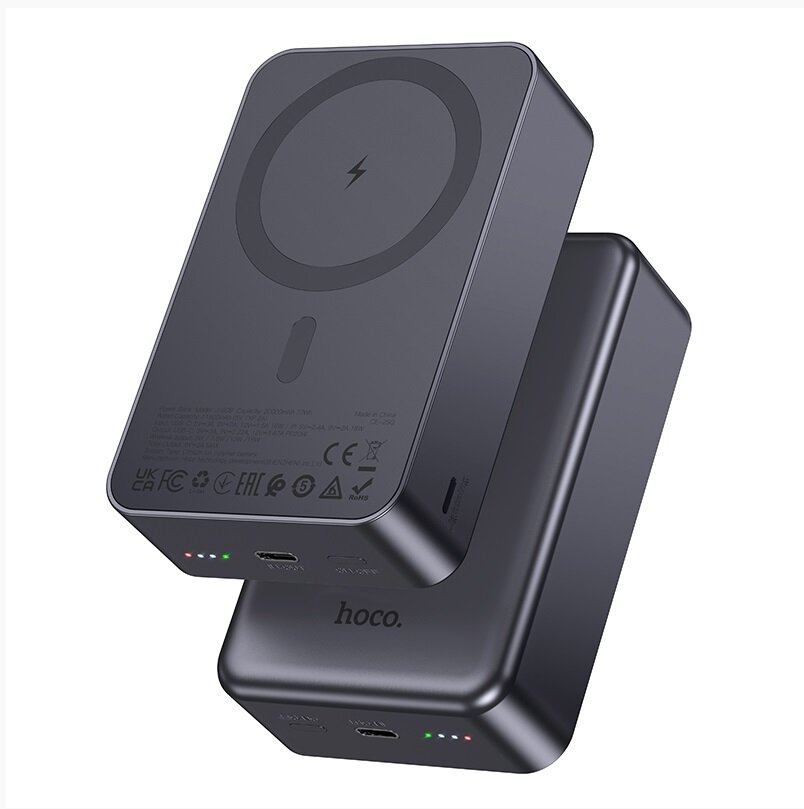Магнитный аккумулятор Hooc J160B, 20000 mAh, с беспроводной зарядкой Qi 15W, PD20W, Cерый металлик