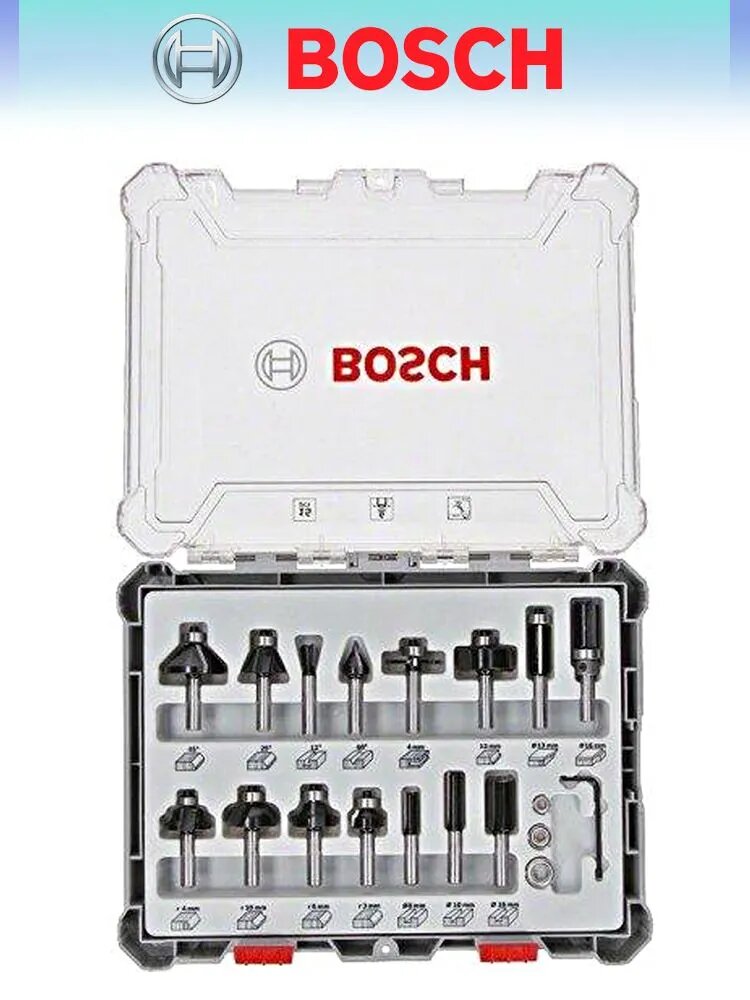 BOSCH 2607017473 Набор фрезерных фрез 1/4 дюйма в кейсе 15 шт для дерева