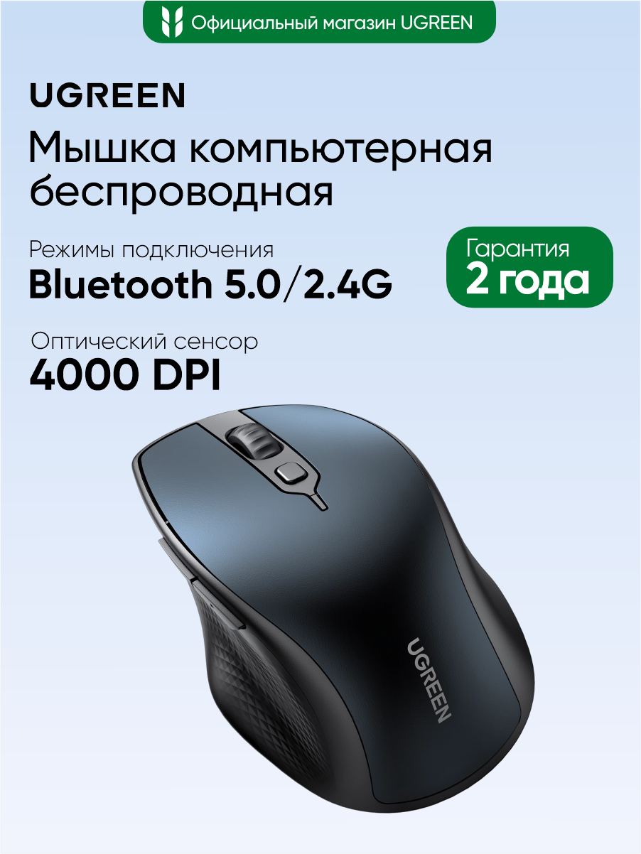 Мышка компьютерная беспроводная UGREEN MU101 (15807) 2.4 GHz/BT. Цвет: синий