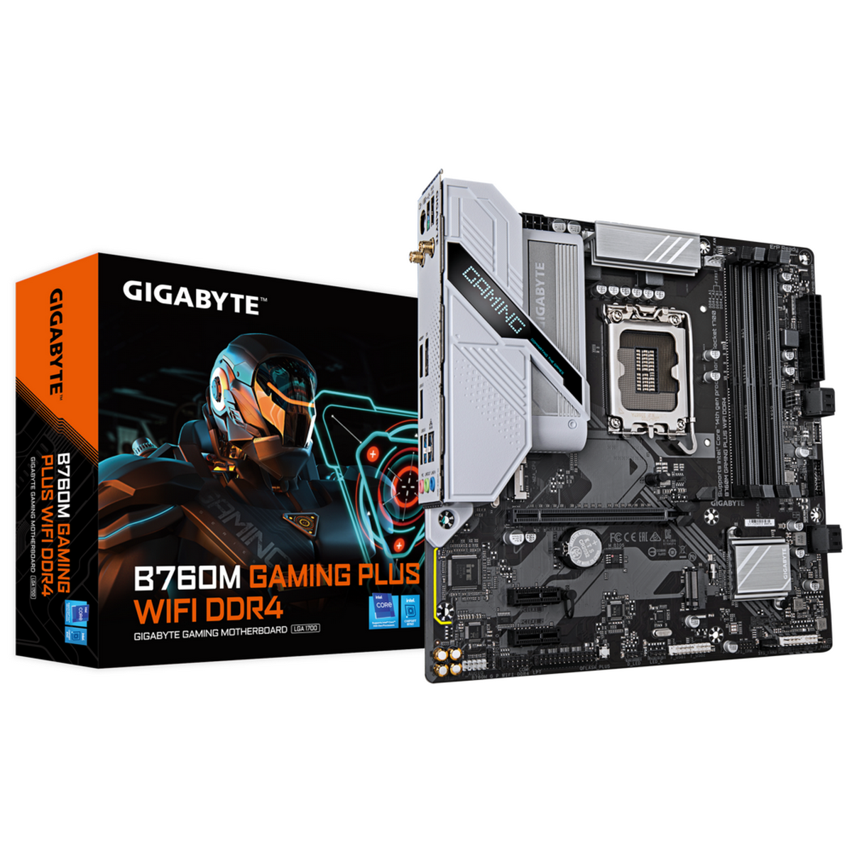 Материнская плата Gigabyte B760M GAMING PLUS WIFI DDR4, Socket 1700, Intel®B760, 2xDDR4-3200, HDMI+DP, 1xPCI-Ex16, 2xPCI-Ex1, 4xSATA3(RAID 0/1/5/10), 2xM.2, 8Ch Audio, GLan, WiFi, (4+4)xUSB2.0, (3+2)xUSB3.2, (0+1)xUSB3.2 Type-C™, 1xPS/2, mATX, RTL уц-3-2
