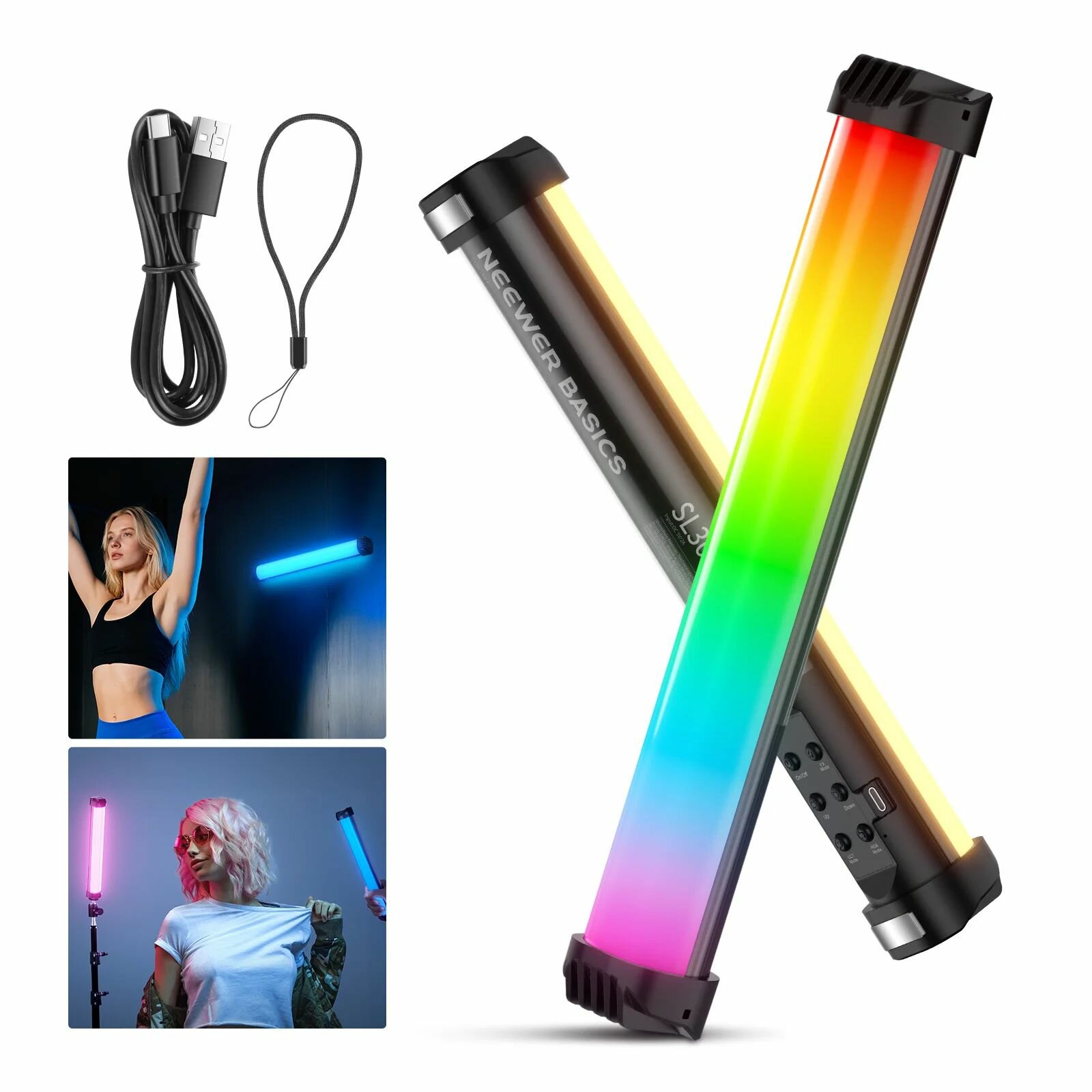NEEWER Basics 12" Магнитный RGB-ламповый палец, 2700K/4000K/6500K CRI95 8 Вт светодиодная регулируемая ручная трубчатая лампа, 2000 мАч