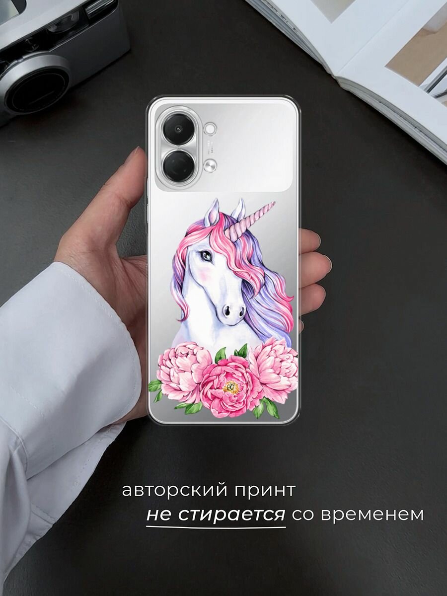Чехол на Tecno Spark Go 3 / Текно Спарк Го 3 с принтом Единорог с пионами, прозрачный — фото 1