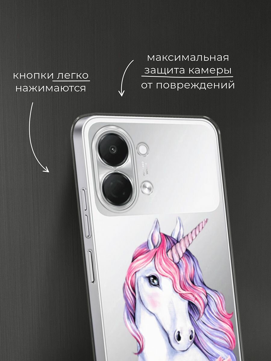 Чехол на Tecno Spark Go 3 / Текно Спарк Го 3 с принтом Единорог с пионами, прозрачный — фото 1