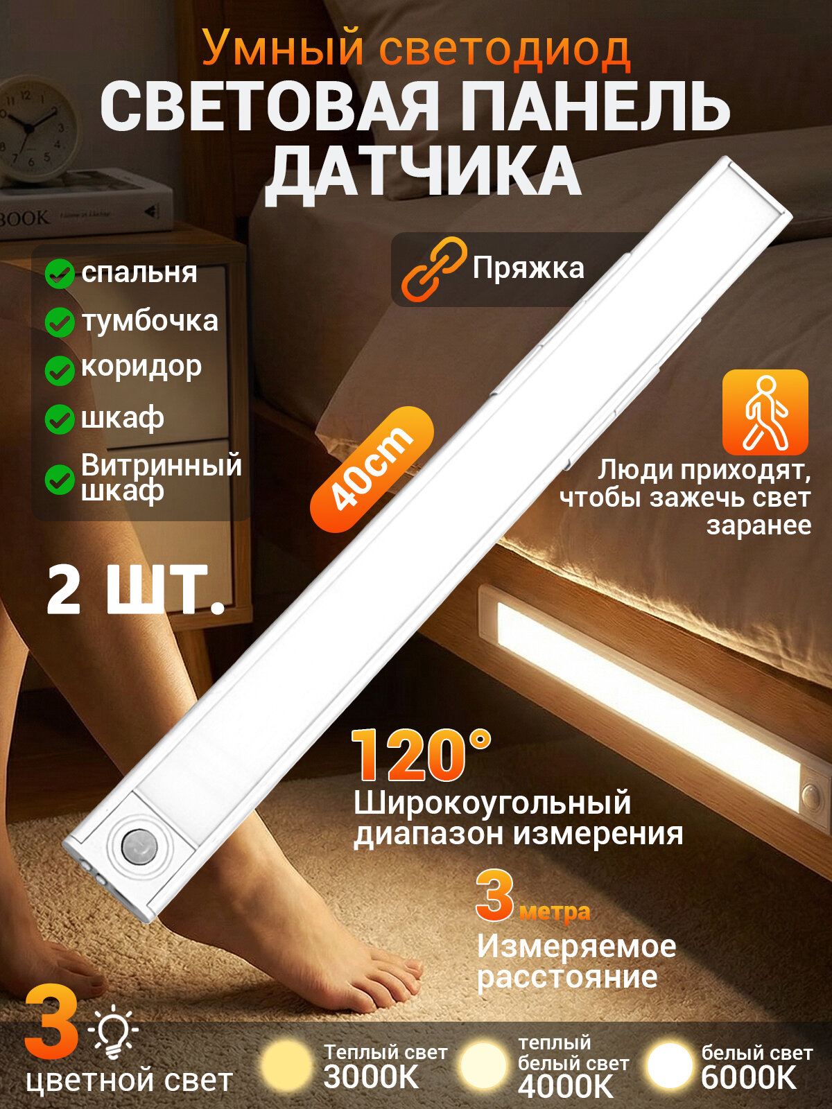 Ультратонкий перезаряжаемый ночник с датчиком движения, белый, 40 см, подходит для гостиной и спальни Напольный светильник