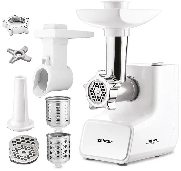 Мясорубка электрическая Zelmer ZMM3512B белый, 1500 Вт, 2.0 кг/мин, реверс, насадки - 4