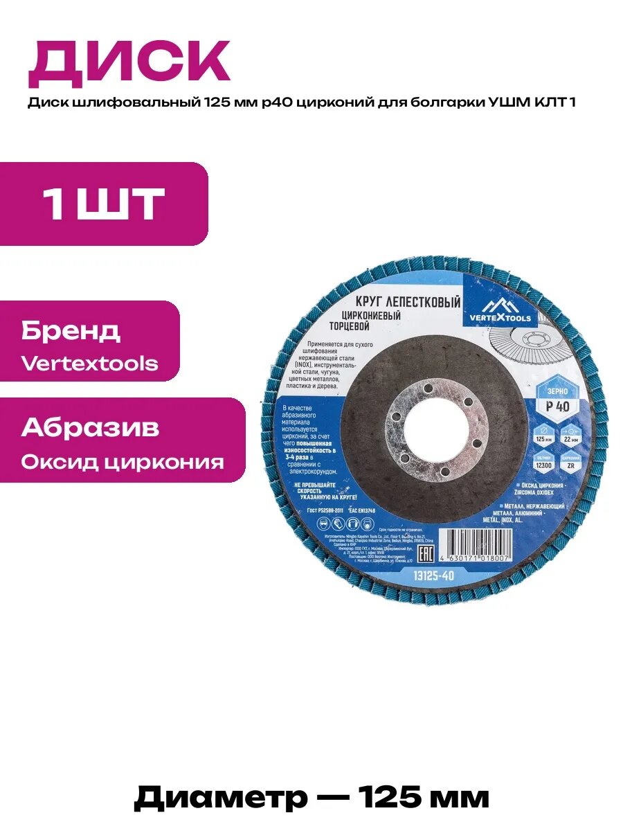 Диск шлифовальный 125 мм р40 цирконий для болгарки УШМ КЛТ 1