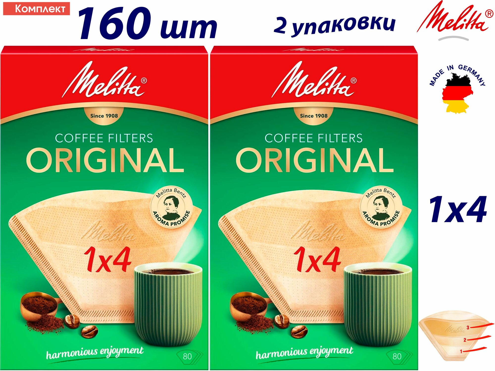 Комплект: 2 упаковки Фильтры бумажные для заваривания кофе 1х4/80 Ориджинал корич. MELITTA
