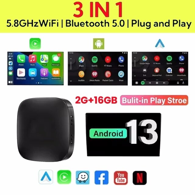 Беспроводной адаптер Carplay AI Box на базе Android 13, поддерживает Android Auto, совместим с Netflix, YouTube и другими моделями автомобилей, поддерживает Volkswagen, Toyota, Mazda, Hyundai, Haval, GMC, Ford и Chevrolet.