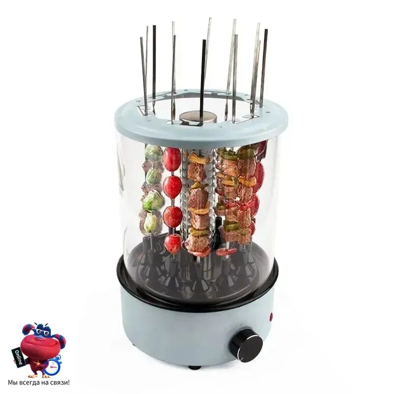 Электрошашлычница для дома с 12 шампурами, керамической рабочей поверхностью, регулировкой прожарки и стеклянным корпусом. Светло-синий