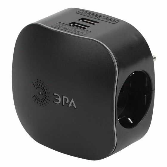 Разветвитель электрический (тройник) ЭРА SP-3e-USB-BLACK на 3 розетки + 2 USB с заземлением со шторками 16А черный