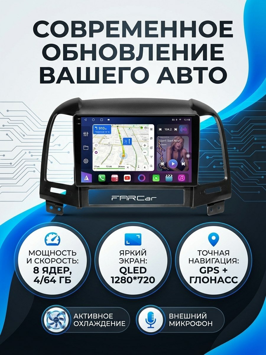Магнитола Хендай Санта Фе (Hyundai Santa Fe) 2005-2012 на Android 14, WiFi + 4G, CarPlay