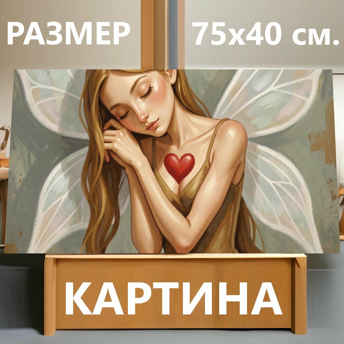 Картина на холсте "Нежная фея с сердцами. Ангельский персонаж с прозрачными крыльями и красными сердцами, выполненный в мягкой живописной." на подрамнике 75х40 см. для интерьера