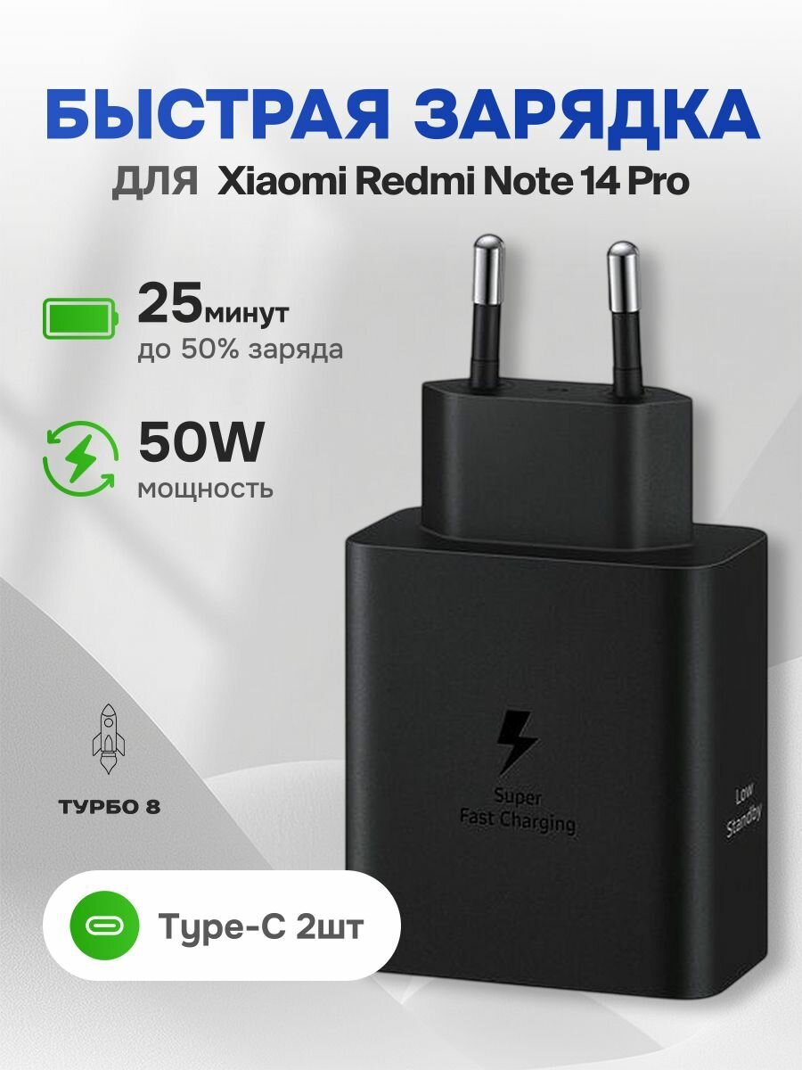Зарядное устройство для телефона Xiaomi Redmi Note 14 Pro (Ксиоми Редми Нот 14 Про) / Быстрая зарядка Type C / блок два порта 50W 25W
