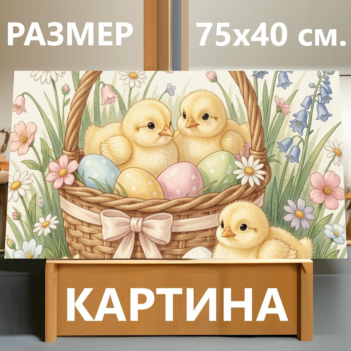 Картина на холсте "Цыплята в корзине с яйцами. Нежная пасхальная композиция в пастельных оттенках: пушистые птенцы среди яиц, полевых ромашек и." на подрамнике 75х40 см. для интерьера
