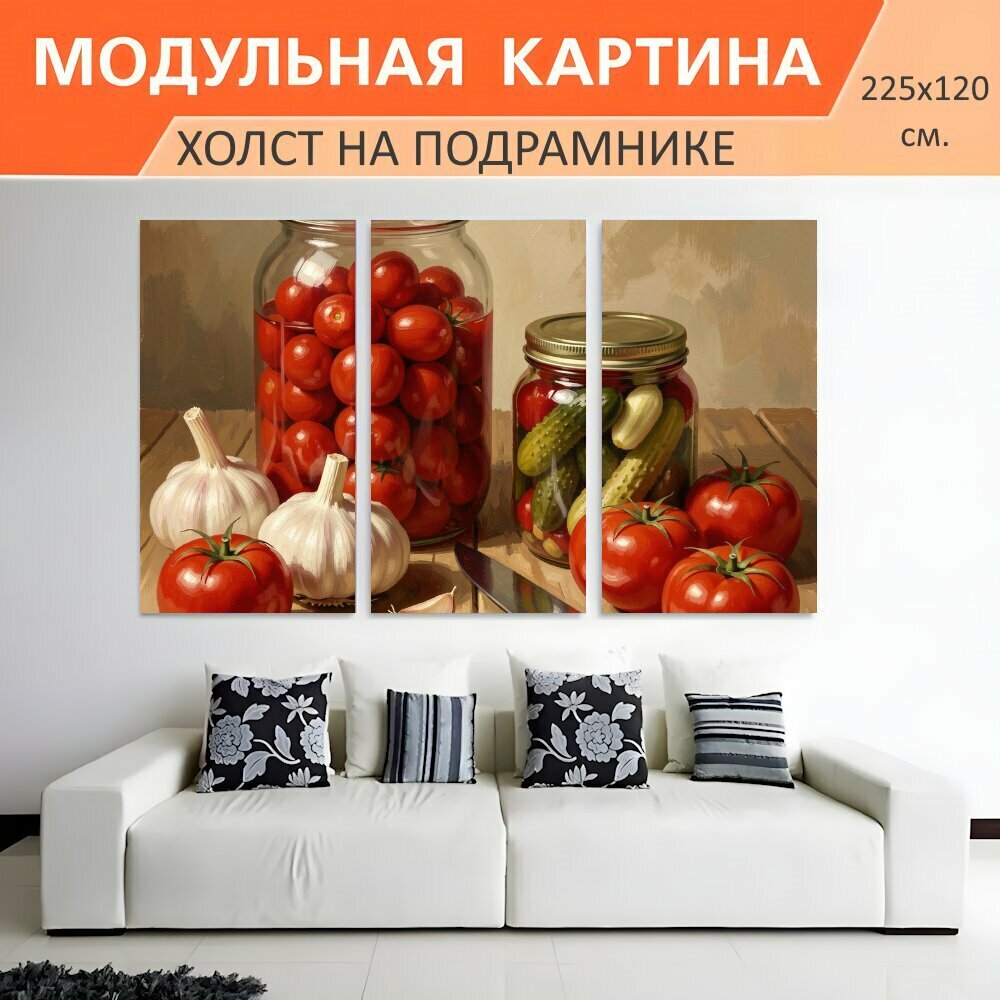 Модульная картина на холсте "Консервированные овощи на столе. Натюрморт в теплой пастозной манере: стеклянные банки с томатами и." триптих на подрамнике 225х120 см. для интерьера