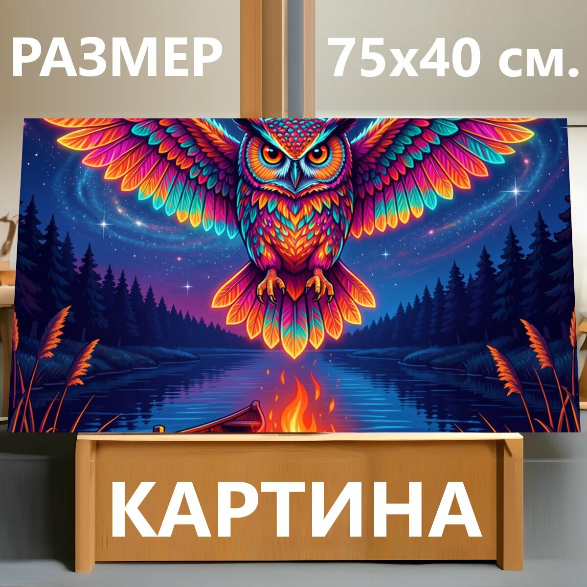Картина на холсте "Светящаяся сова над озером. Яркая неоновая ночная сцена с парящей хищной птицей, костром у воды, лодкой и лесным берегом." на подрамнике 75х40 см. для интерьера