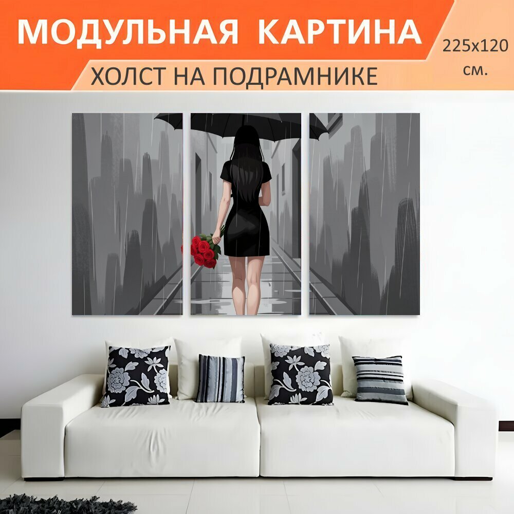 Модульная картина на холсте "Девушка с зонтом под дождем. Одинокая фигура в черном платье идет по мокрой городской аллее в ливень, в." триптих на подрамнике 225х120 см. для интерьера