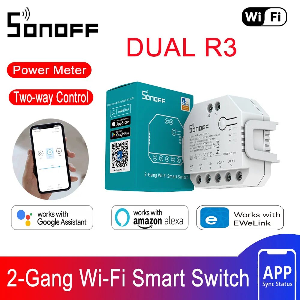 Умное двухканальное WiFi Реле Sonoff DUALR3, 15А/3300Вт (Работает с Алисой)