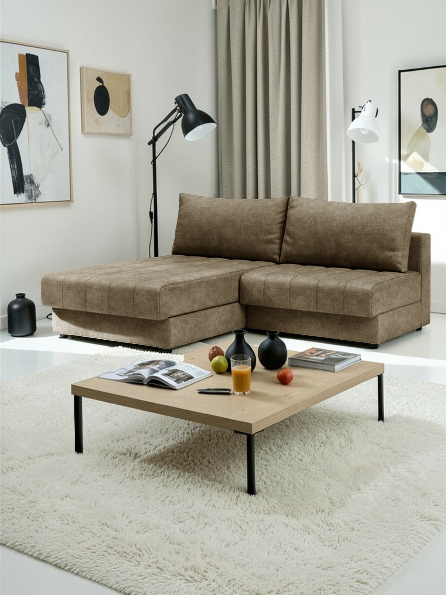 Диван с оттоманкой Бомонд Strong 04 NEW 197x150x80 см, коричневый Рогожка, еврокнижка GOODFORM