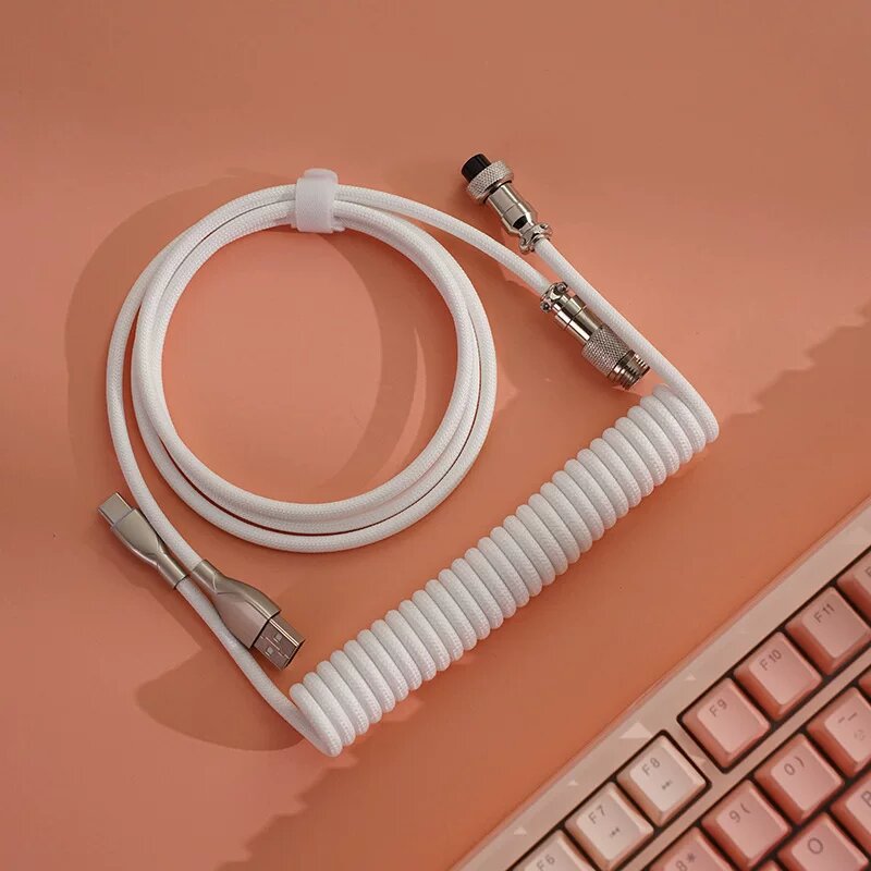 5-ядерный кабель 8K магнитной оси для кастомной клавиатуры USB-C спиральный с авиационным разъемом, белый цвет, длина