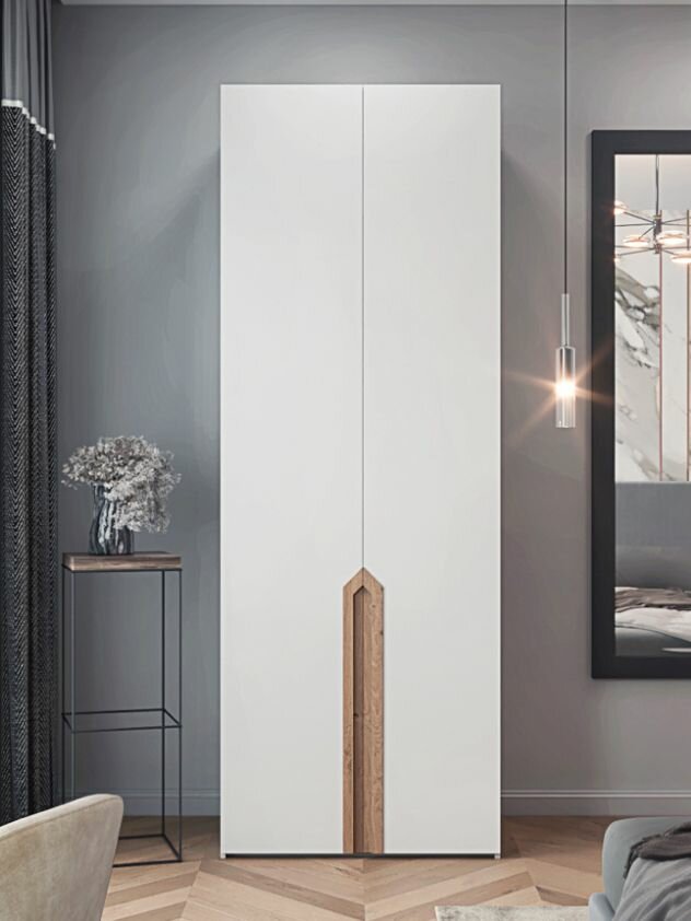 Casa Mia 60х55х230см. Дизайнерский шкаф для одежды узкий распашной, белый, эксклюзивная ручка из массива дуба (лак)