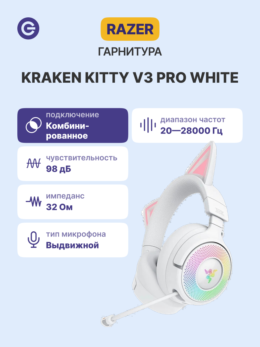 Игровые наушники Razer Kraken Kitty V3 Pro RZ04-05170400-R3M1, белые