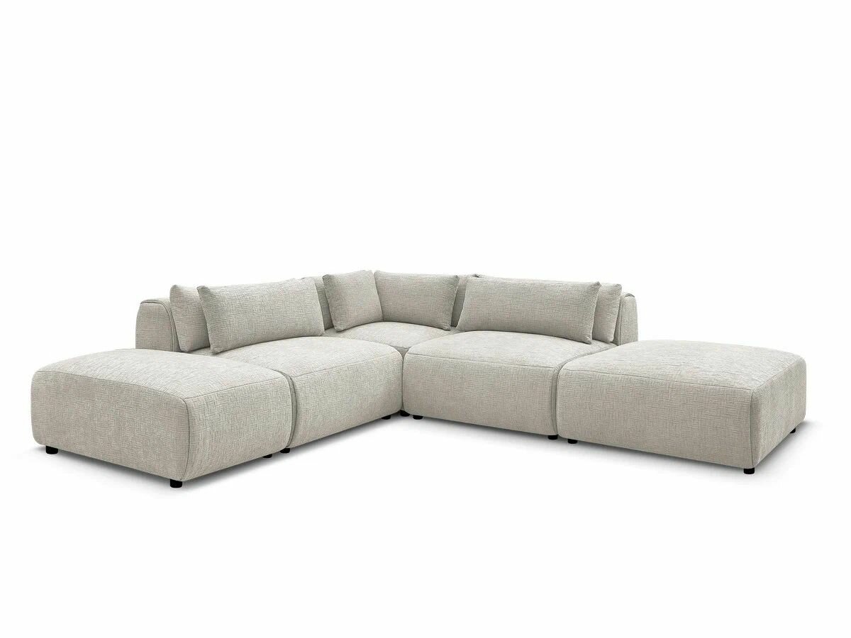 Модульный угловой диван с подголовниками JANA с 2 низкими стульями, 1 угловым и 2 пуфами.