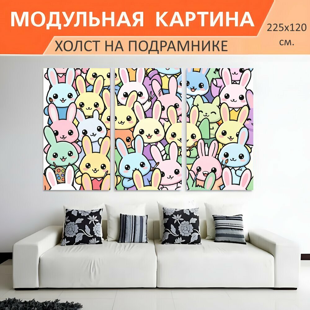 Модульная картина на холсте "Милые зайцы в яркой толпе. Плотный мультяшный сюжет с множеством очаровательных ушастых персонажей." триптих на подрамнике 225х120 см. для интерьера