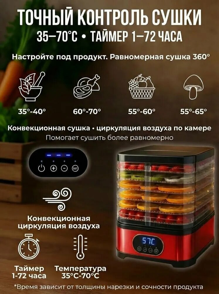 Сушилка для овощей и фруктов электрическая/ Дегидратор для фруктов и овощей, красный