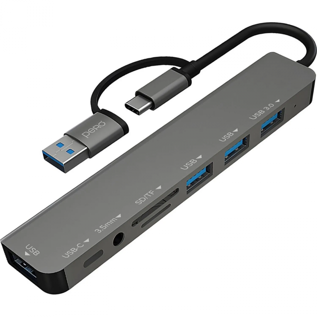 Разветвитель USB PERO MH07 USB-С/A TO SD+TF+3.5MM+USB-C+USB 3.0+3USB2.0, сер.370507 4673759570511