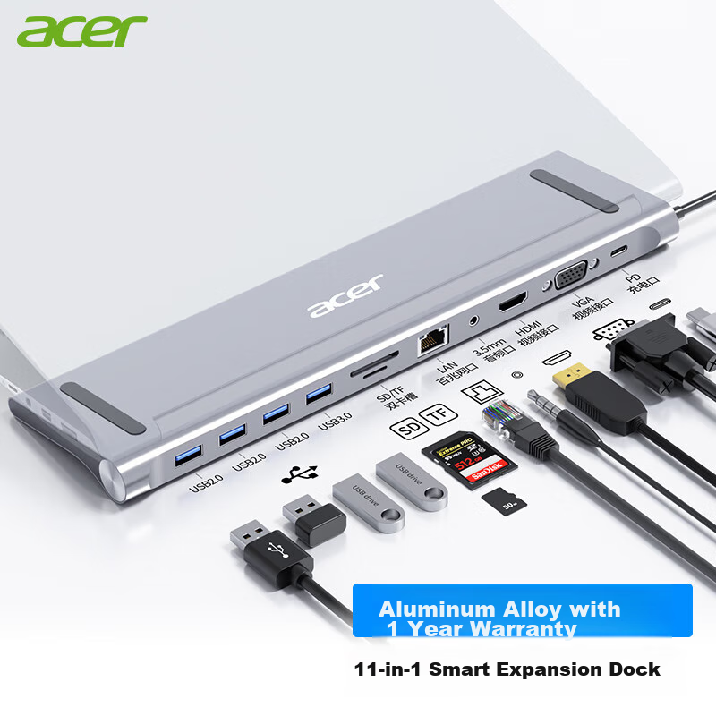 Расширительный док-станция Acer Type-C с HDMI VGA USB PD зарядкой картридером 3.5mm аудио и Ethernet для ноутбуков