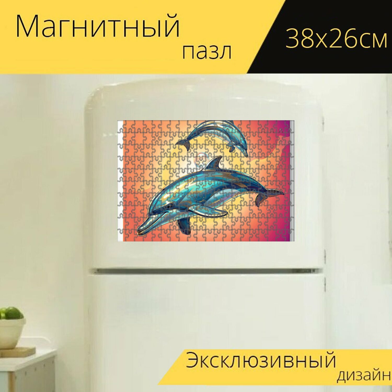 Магнитный пазл "Дельфины в ярком градиенте. Два сияющих морских млекопитающих в прыжке над светящимся шаром, неоновая цифровая иллюстрация в." для интерьера, 38х26 см.