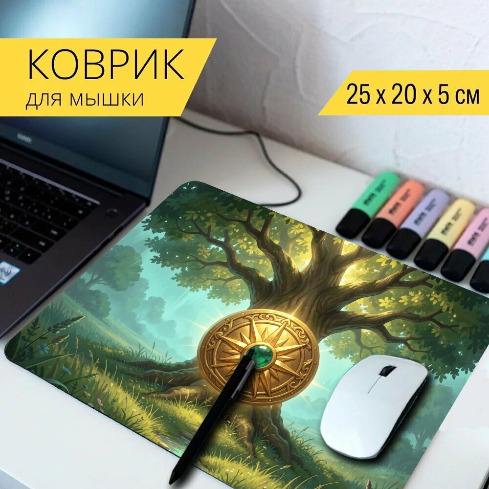 Коврик для мыши с принтом "Волшебное древо и золотой амулет. Сказочный лесной пейзаж с огромным раскидистым деревом, сияющим солнечным светом и круглым золотым талисманом с." 25x20см.