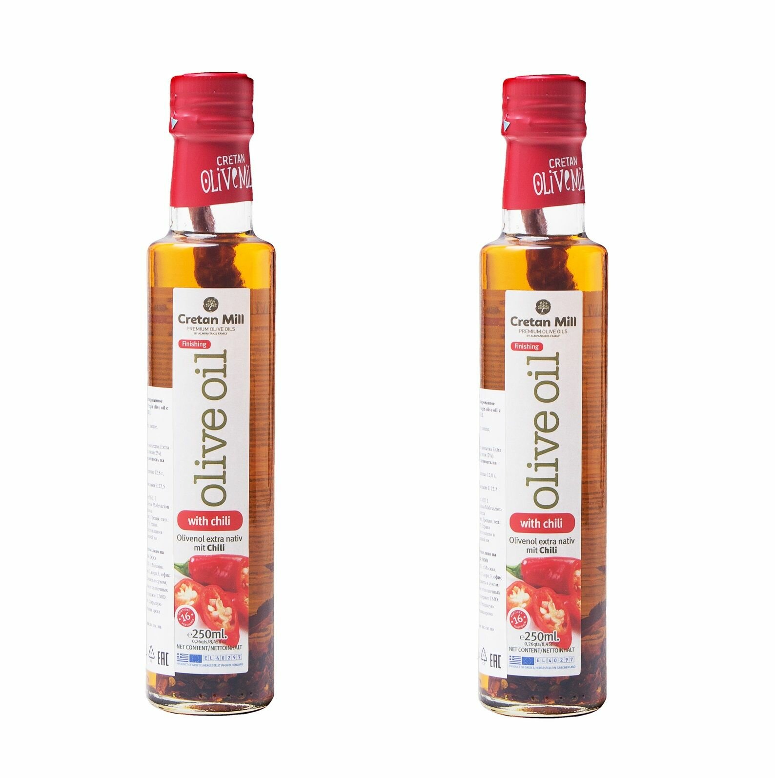 Масло оливковое нерафинированное высшего качества Extra Virgin с перцем чили, Cretan Mill, Греция, 250 мл х 2шт