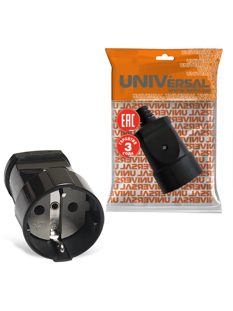 Штепсельное гнездо UNIVersal ОА1020 с заземлением, 16 А, 250 В, черное, ПВХ-облив, еврослот для удлинителя