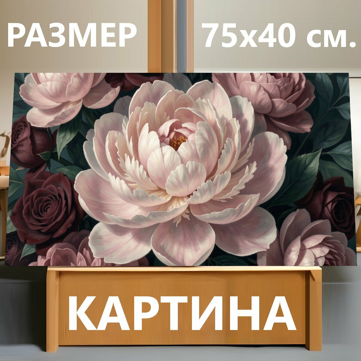 Картина на холсте "Пышные цветы в темных тонах. Изящная цветочная композиция с крупными нежно-розовыми и бордовыми бутонами, густой зеленой." на подрамнике 75х40 см. для интерьера
