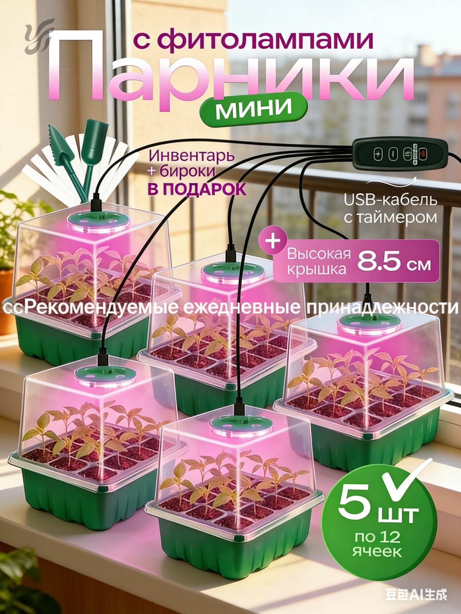 Мини парник для рассады с подсветкой и крышкой, набор 5 шт по 12 ячеек, фитолампа с таймером, мини теплица на подоконник