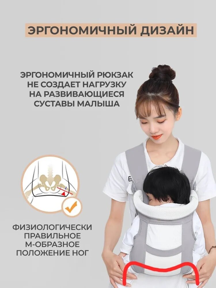 Эргорюкзак для новорожденных от 0 до 36 месяцев, Серый, Хлопковое волокно, Универсальный, Для мамы — фото 1