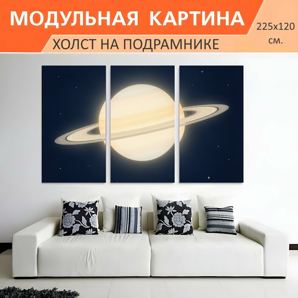Модульная картина на холсте "Планета с кольцами в космосе. Минималистичная космическая сцена с крупным светлым небесным телом и." триптих на подрамнике 225х120 см. для интерьера