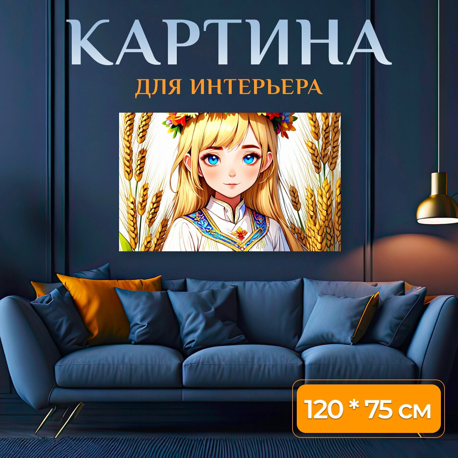 Картина на холсте "Мультипликационная девушка с голубыми глазами и светлым волосами в традиционной славянской одежде и венке из цветов на." на подрамнике 120х75 см. для интерьера