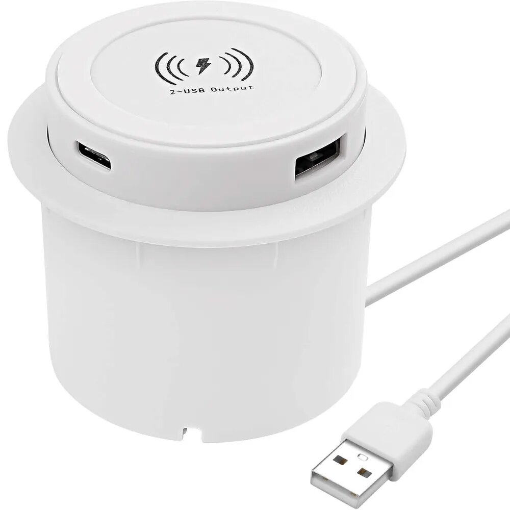 Встраиваемая беспроводная зарядка , выдвижная, 15Ватт, порты USB и USB-C, в стол, столешницу