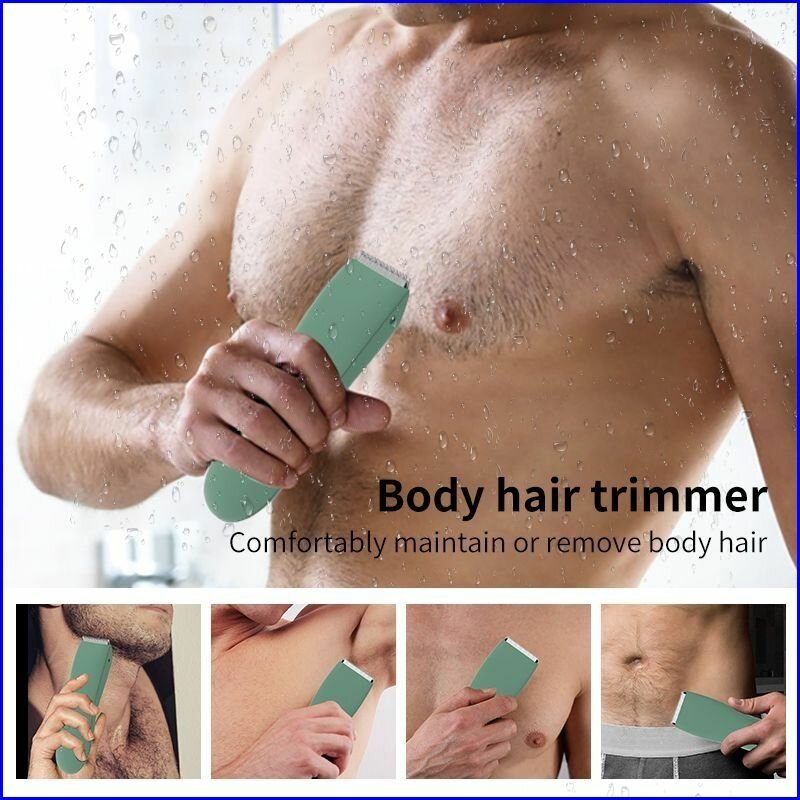 Эксклюзивный триммер для интимной гигиены мужчин и женщин, предназначенный для безопасного влажного и сухого удаления волос в зоне бикини, лобка и яичек, представлен в зеленом цвете